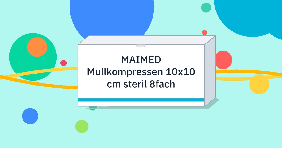 Symbolbild: Packung mit der Aufschrift MAIMED Mullkompressen 10x10 cm steril 8fach (PZN 20055150) – Verfügbarkeit und Bezug in Apotheken in Frankfurt am Main