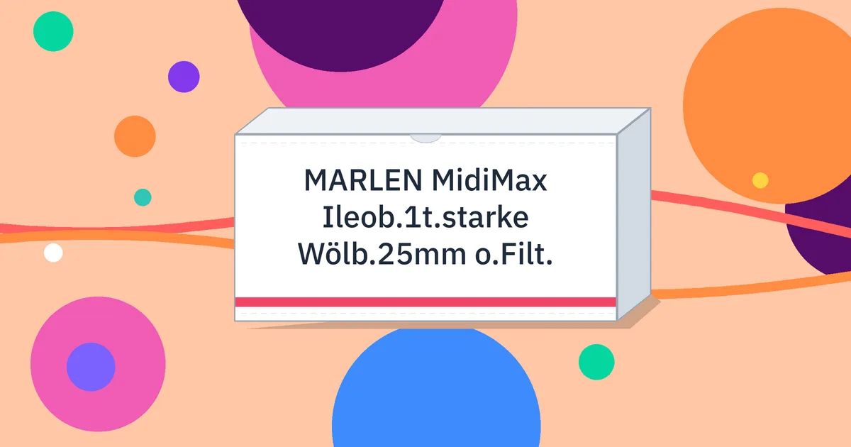 Symbolbild: Packung mit der Aufschrift MARLEN MidiMax Ileob.1t.starke Wölb.25mm o.Filt. (PZN 16658612) – Verfügbarkeit und Bezug in Apotheken in Frankfurt am Main