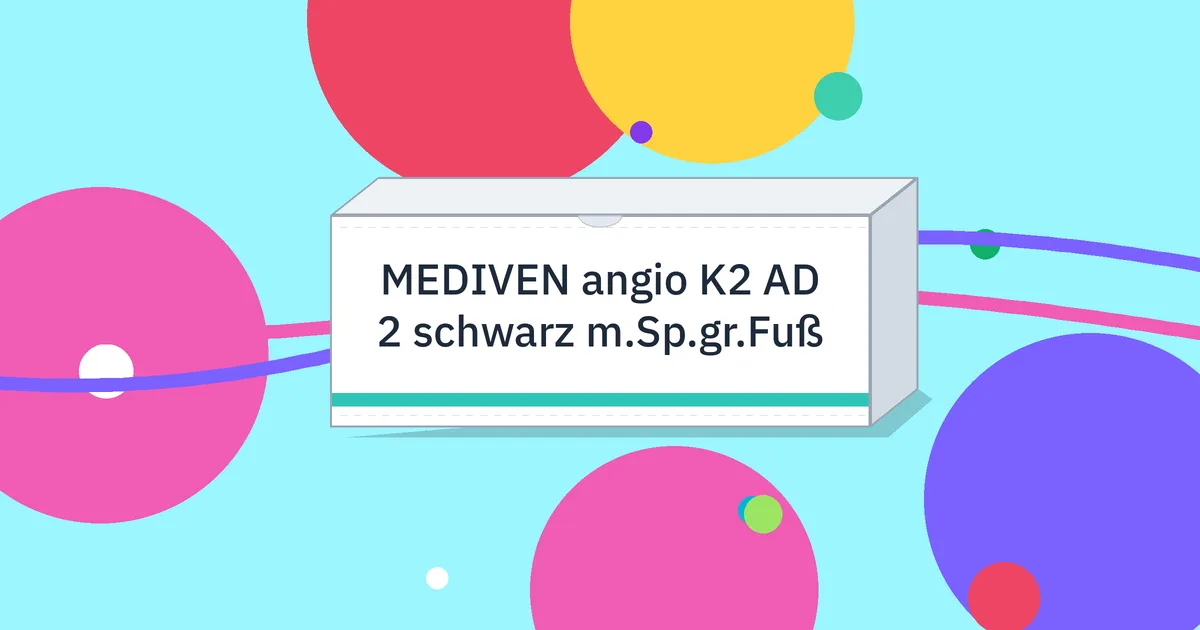 Symbolbild: Packung mit der Aufschrift MEDIVEN angio K2 AD 2 schwarz m.Sp.gr.Fuß (PZN 17210865) – Verfügbarkeit und Bezug in Apotheken in Frankfurt am Main