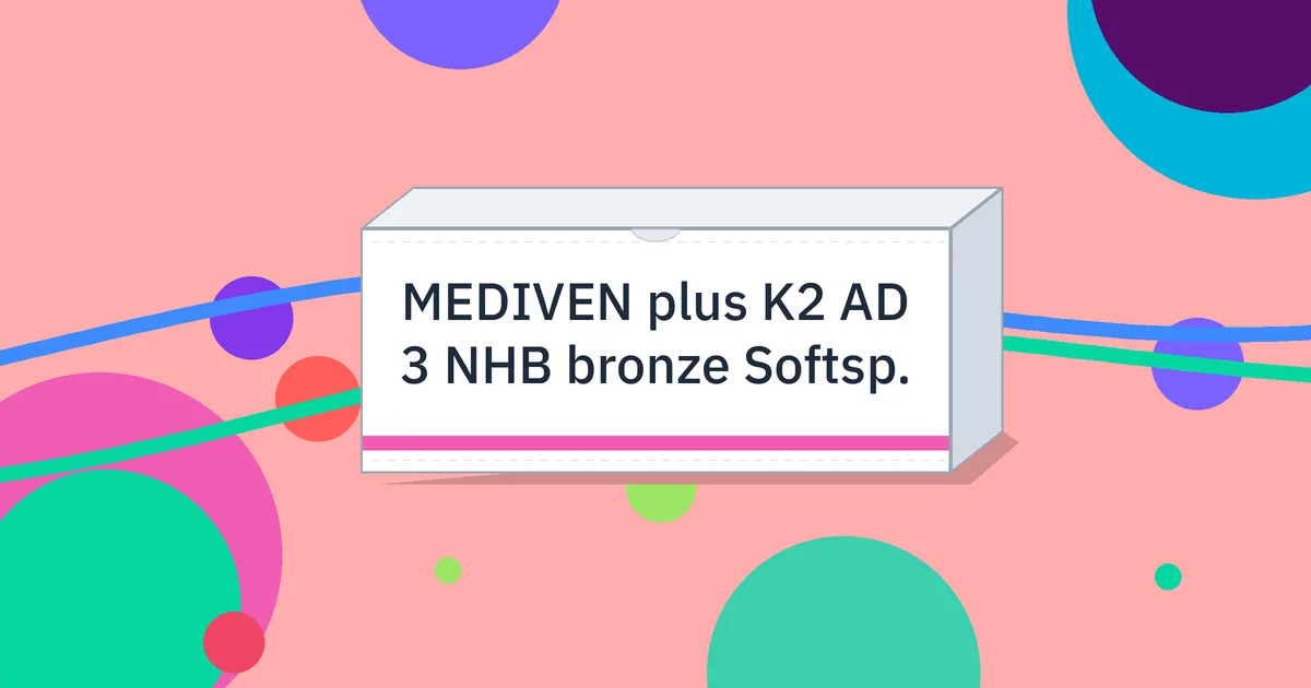 Symbolbild: Packung mit der Aufschrift MEDIVEN plus K2 AD 3 NHB bronze Softsp. (PZN 15937066) – Verfügbarkeit und Bezug in Apotheken in Frankfurt am Main