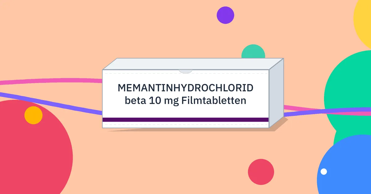 Symbolbild: Packung mit der Aufschrift MEMANTINHYDROCHLORID beta 10 mg Filmtabletten (PZN 09890136) – Verfügbarkeit und Bezug in Apotheken in Frankfurt am Main