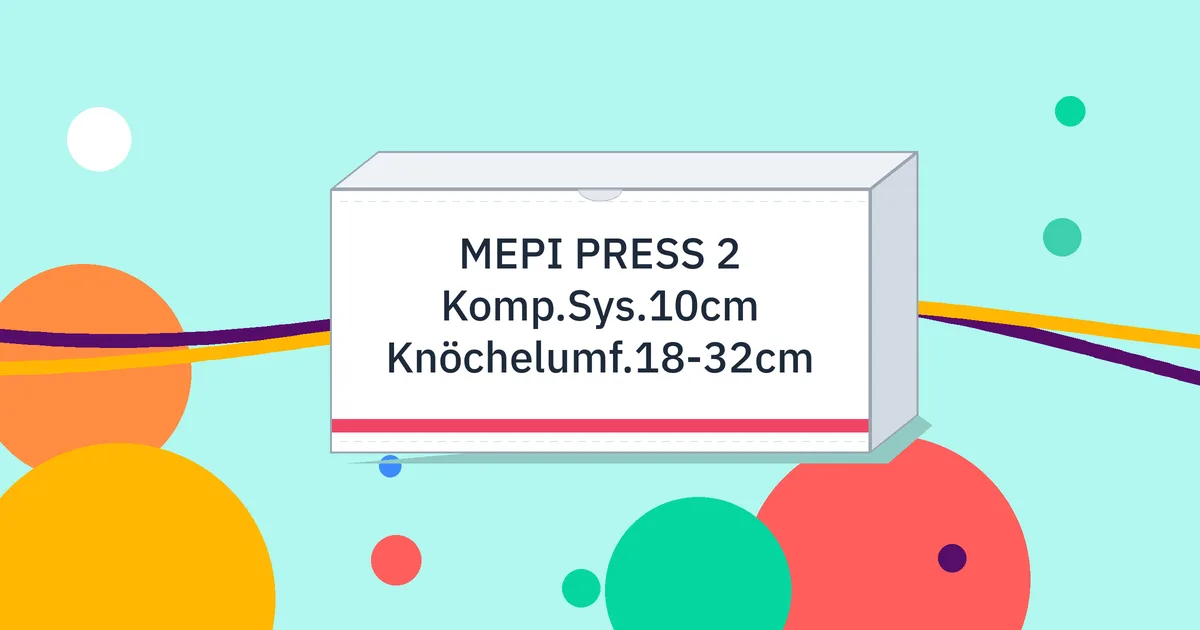 Symbolbild: Packung mit der Aufschrift MEPI PRESS 2 Komp.Sys.10cm Knöchelumf.18-32cm (PZN 19958639) – Verfügbarkeit und Bezug in Apotheken in Frankfurt am Main