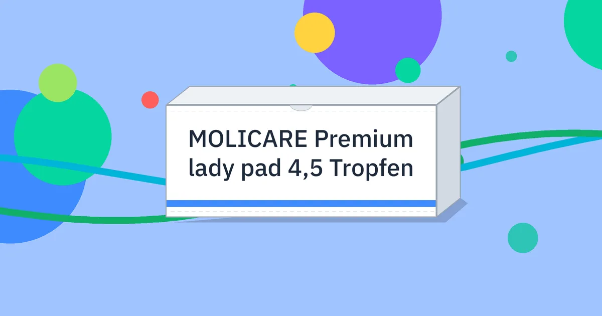 Symbolbild: Packung mit der Aufschrift MOLICARE Premium lady pad 4,5 Tropfen (PZN 15424852) – Verfügbarkeit und Bezug in Apotheken in Frankfurt am Main