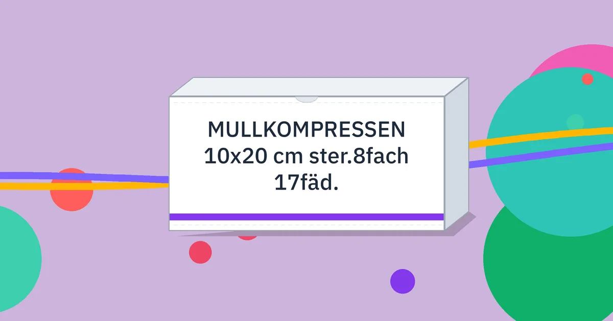 Symbolbild: Packung mit der Aufschrift MULLKOMPRESSEN 10x20 cm ster.8fach 17fäd. (PZN 06929754) – Verfügbarkeit und Bezug in Apotheken in Frankfurt am Main