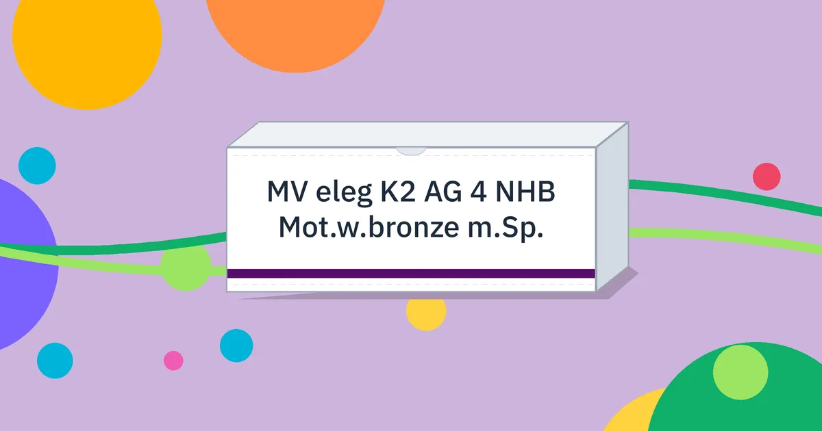 Symbolbild: Packung mit der Aufschrift MV eleg K2 AG 4 NHB Mot.w.bronze m.Sp. (PZN 15727009) – Verfügbarkeit und Bezug in Apotheken in Frankfurt am Main