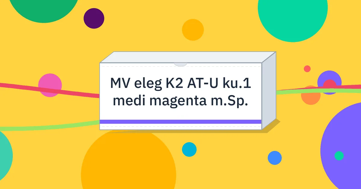 Symbolbild: Packung mit der Aufschrift MV eleg K2 AT-U ku.1 medi magenta m.Sp. (PZN 15291687) – Verfügbarkeit und Bezug in Apotheken in Frankfurt am Main