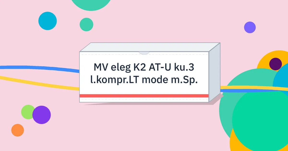 Symbolbild: Packung mit der Aufschrift MV eleg K2 AT-U ku.3 l.kompr.LT mode m.Sp. (PZN 06192035) – Verfügbarkeit und Bezug in Apotheken in Frankfurt am Main