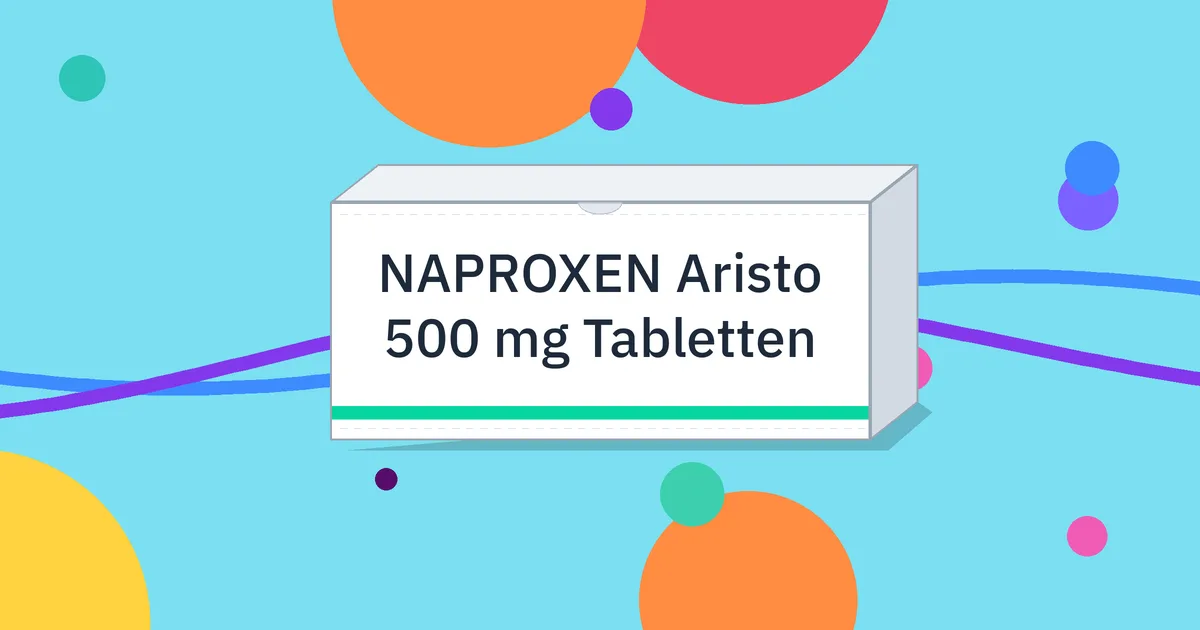 Symbolbild: Packung mit der Aufschrift NAPROXEN Aristo 500 mg Tabletten (PZN 01175664) – Verfügbarkeit und Bezug in Apotheken in Frankfurt am Main