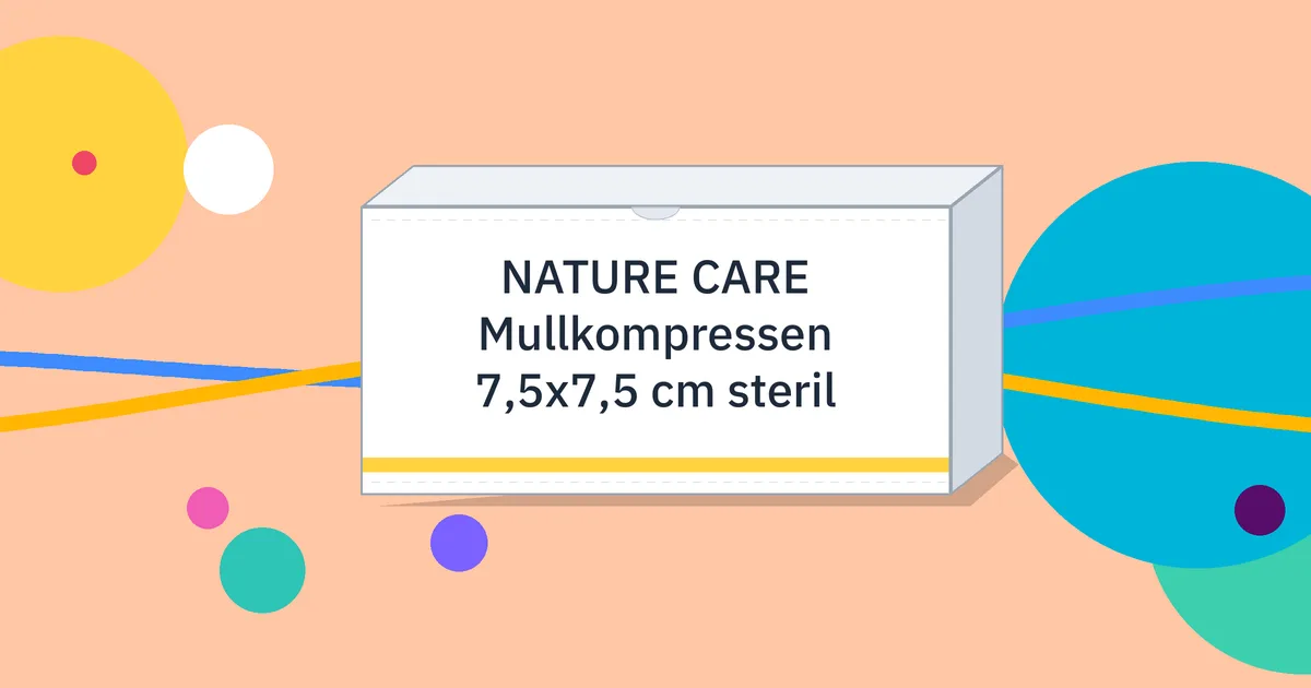 Symbolbild: Packung mit der Aufschrift NATURE CARE Mullkompressen 7,5x7,5 cm steril (PZN 18264018) – Verfügbarkeit und Bezug in Apotheken in Frankfurt am Main