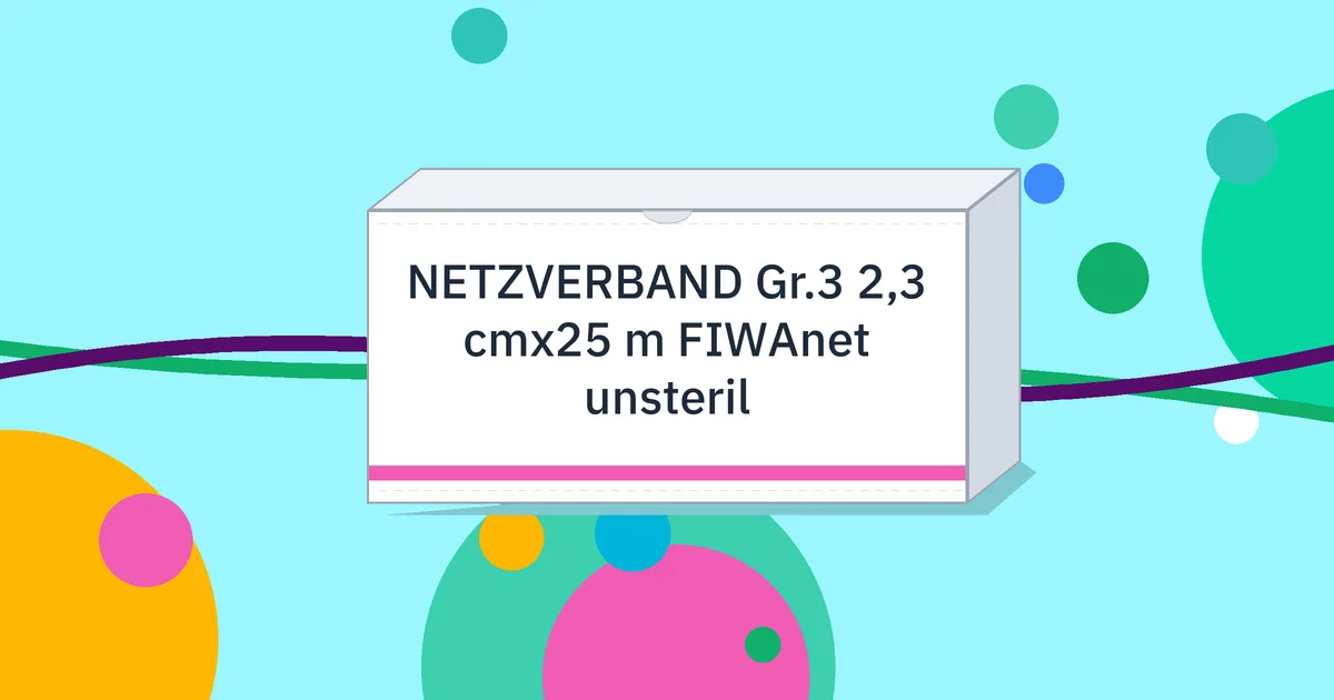 Symbolbild: Packung mit der Aufschrift NETZVERBAND Gr.3 2,3 cmx25 m FIWAnet unsteril (PZN 08822397) – Verfügbarkeit und Bezug in Apotheken in Frankfurt am Main
