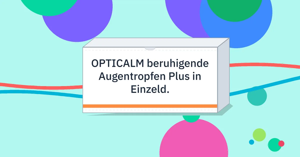 Symbolbild: Packung mit der Aufschrift OPTICALM beruhigende Augentropfen Plus in Einzeld. (PZN 09758626) – Verfügbarkeit und Bezug in Apotheken in Frankfurt am Main