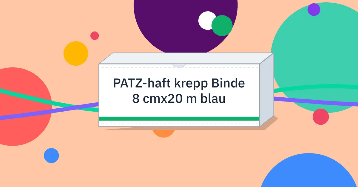 Symbolbild: Packung mit der Aufschrift PATZ-haft krepp Binde 8 cmx20 m blau (PZN 06814784) – Verfügbarkeit und Bezug in Apotheken in Frankfurt am Main