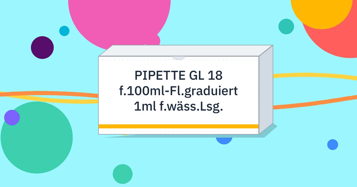 Symbolbild: Packung mit der Aufschrift PIPETTE GL 18 f.100ml-Fl.graduiert 1ml f.wäss.Lsg. (PZN 18014474) – Verfügbarkeit und Bezug in Apotheken in Frankfurt am Main