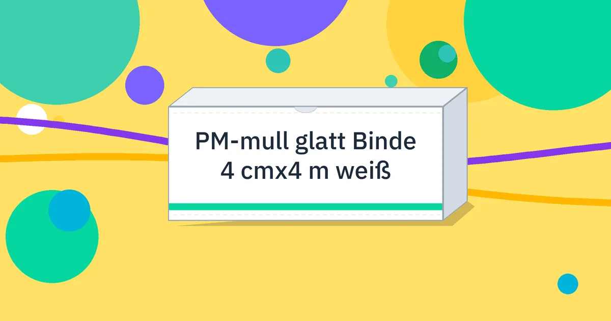 Symbolbild: Packung mit der Aufschrift PM-mull glatt Binde 4 cmx4 m weiß (PZN 18844974) – Verfügbarkeit und Bezug in Apotheken in Frankfurt am Main