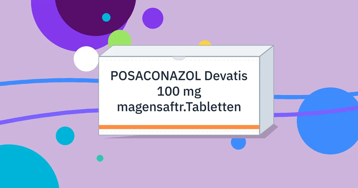 Symbolbild: Packung mit der Aufschrift POSACONAZOL Devatis 100 mg magensaftr.Tabletten (PZN 19892739) – Verfügbarkeit und Bezug in Apotheken in Frankfurt am Main