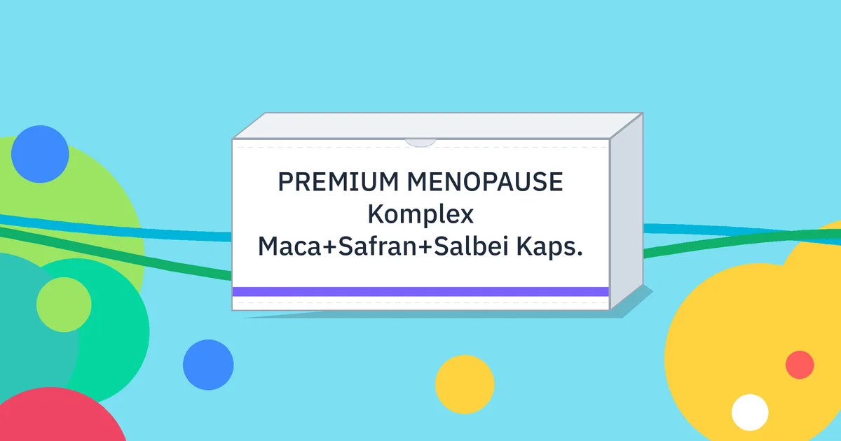 Symbolbild: Packung mit der Aufschrift PREMIUM MENOPAUSE Komplex Maca+Safran+Salbei Kaps. (PZN 20101298) – Verfügbarkeit und Bezug in Apotheken in Frankfurt am Main