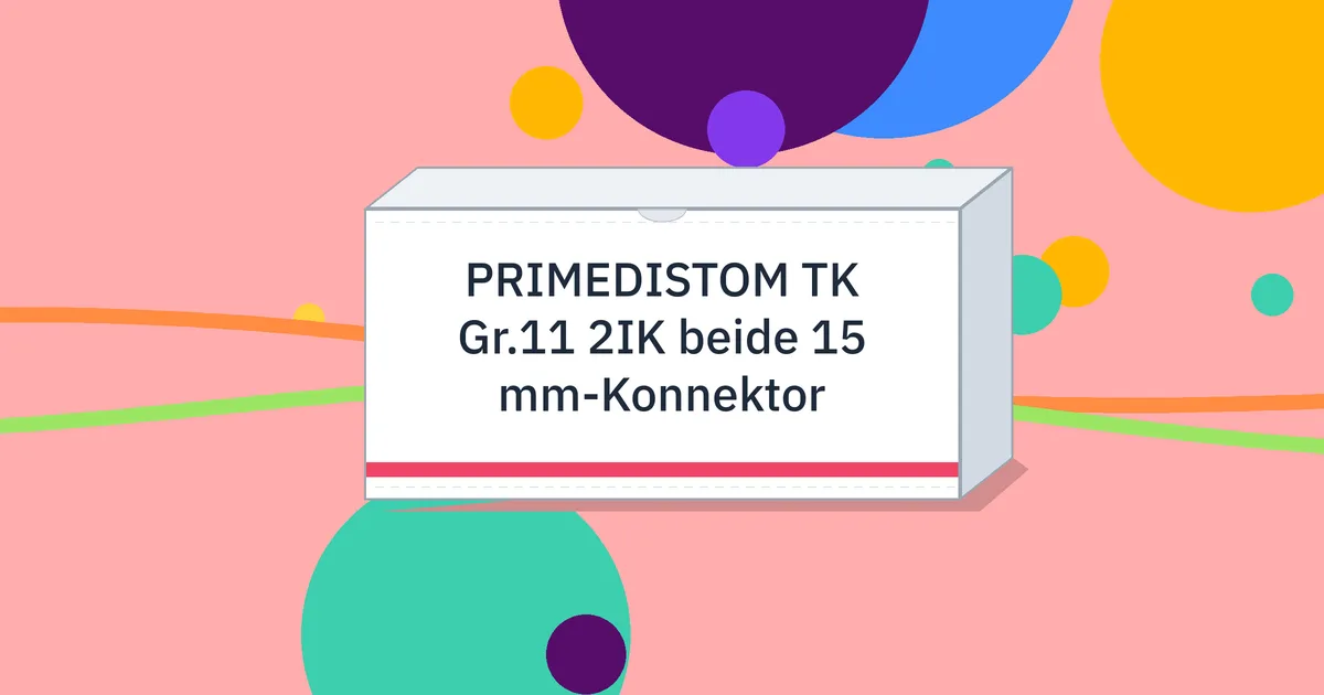 Symbolbild: Packung mit der Aufschrift PRIMEDISTOM TK Gr.11 2IK beide 15 mm-Konnektor (PZN 10209729) – Verfügbarkeit und Bezug in Apotheken in Frankfurt am Main