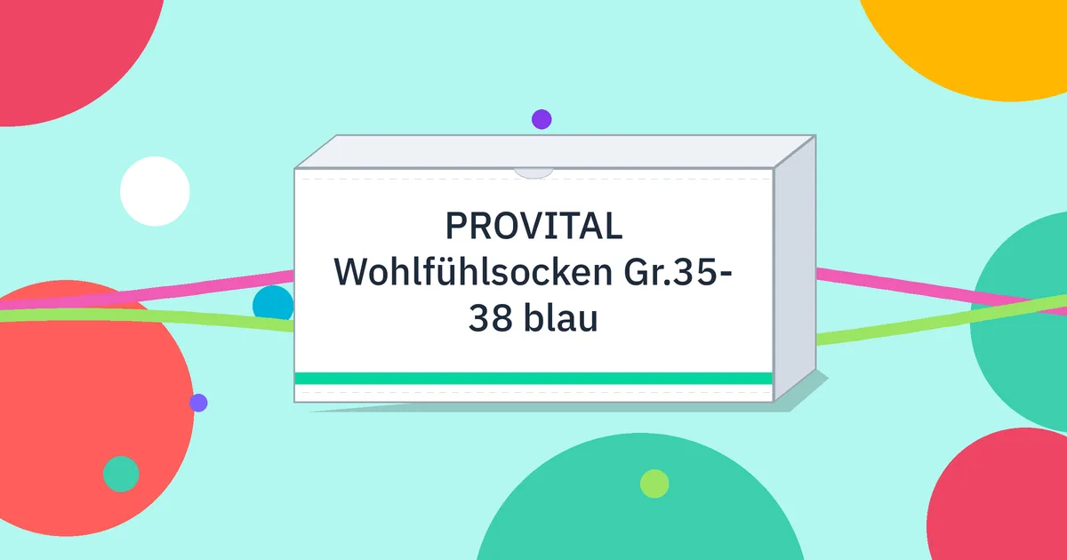 Symbolbild: Packung mit der Aufschrift PROVITAL Wohlfühlsocken Gr.35-38 blau (PZN 20796811) – Verfügbarkeit und Bezug in Apotheken in Frankfurt am Main