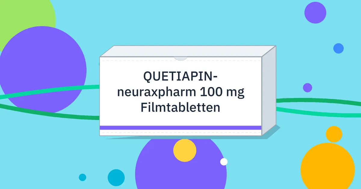 Symbolbild: Packung mit der Aufschrift QUETIAPIN-neuraxpharm 100 mg Filmtabletten (PZN 09445608) – Verfügbarkeit und Bezug in Apotheken in Frankfurt am Main