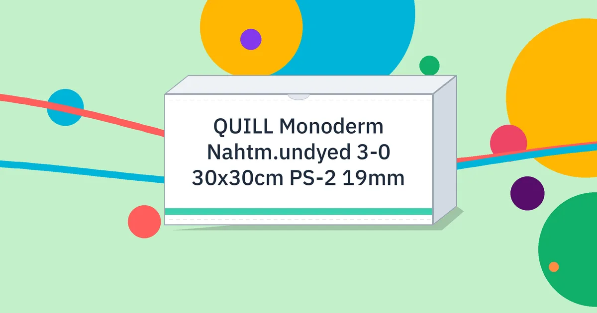 Symbolbild: Packung mit der Aufschrift QUILL Monoderm Nahtm.undyed 3-0 30x30cm PS-2 19mm (PZN 17988702) – Verfügbarkeit und Bezug in Apotheken in Frankfurt am Main