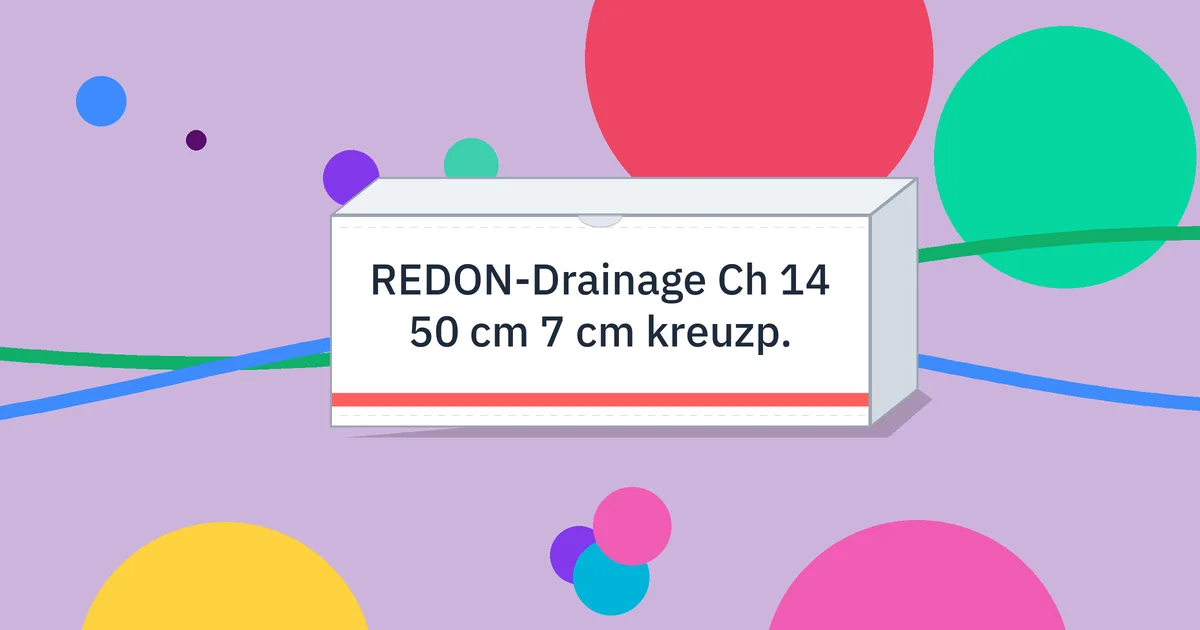Symbolbild: Packung mit der Aufschrift REDON-Drainage Ch 14 50 cm 7 cm kreuzp. (PZN 17483847) – Verfügbarkeit und Bezug in Apotheken in Frankfurt am Main