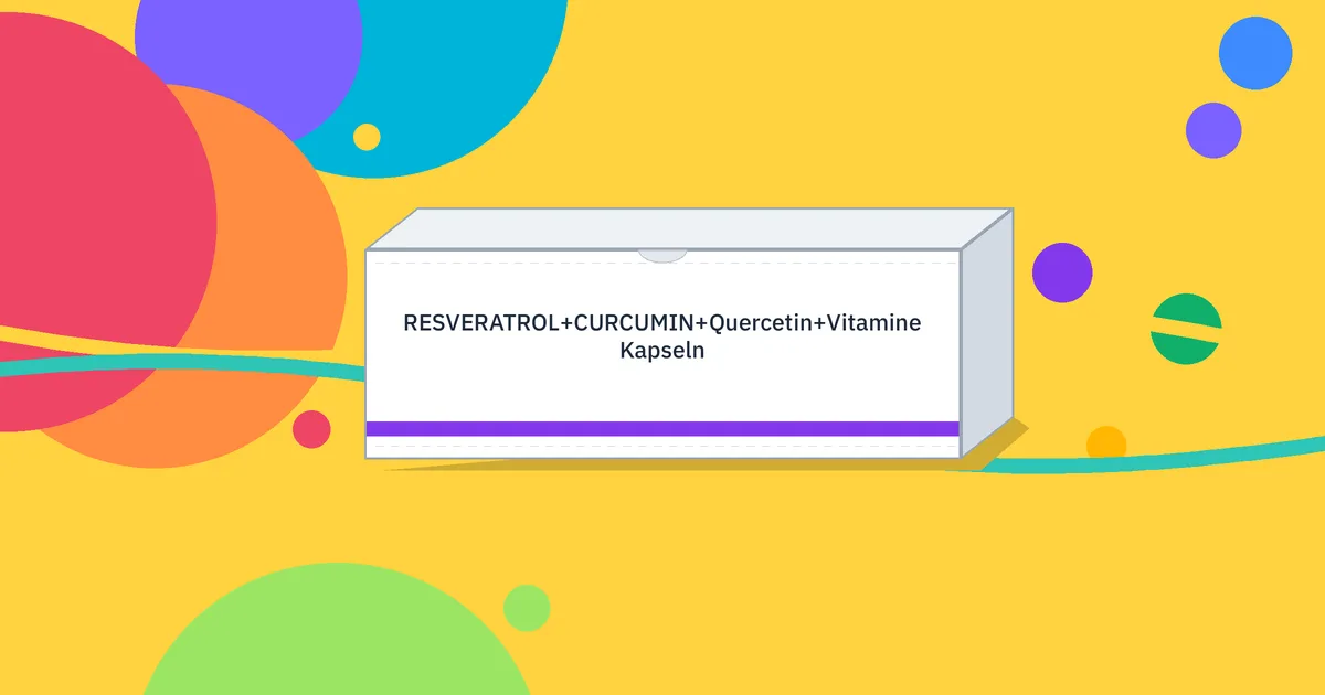 Symbolbild: Packung mit der Aufschrift RESVERATROL+CURCUMIN+Quercetin+Vitamine Kapseln (PZN 11186901) – Verfügbarkeit und Bezug in Apotheken in Frankfurt am Main