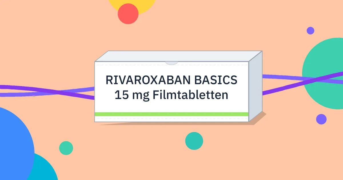 Symbolbild: Packung mit der Aufschrift RIVAROXABAN BASICS 15 mg Filmtabletten (PZN 18839068) – Verfügbarkeit und Bezug in Apotheken in Frankfurt am Main