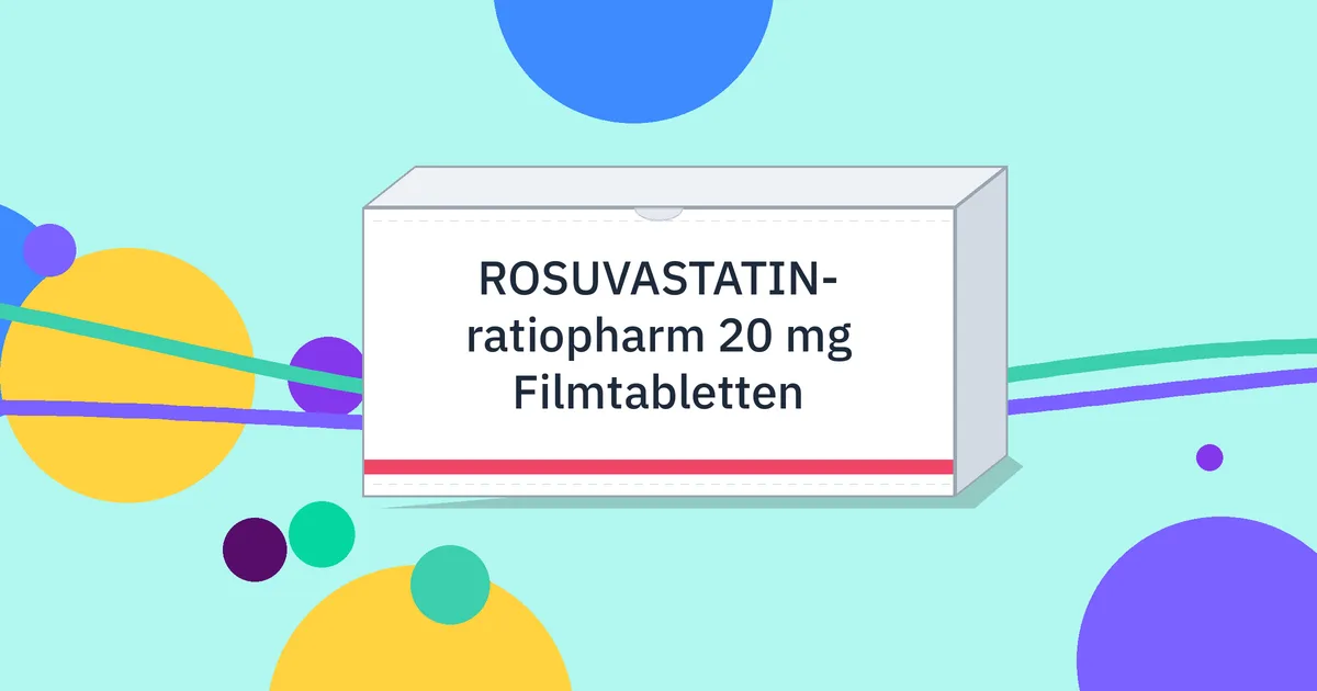 Symbolbild: Packung mit der Aufschrift ROSUVASTATIN-ratiopharm 20 mg Filmtabletten (PZN 13785600) – Verfügbarkeit und Bezug in Apotheken in Frankfurt am Main