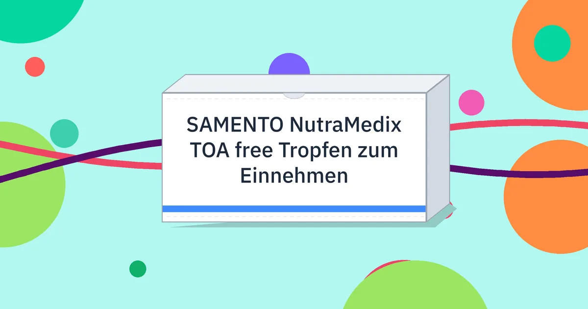 Symbolbild: Packung mit der Aufschrift SAMENTO NutraMedix TOA free Tropfen zum Einnehmen (PZN 18040276) – Verfügbarkeit und Bezug in Apotheken in Frankfurt am Main