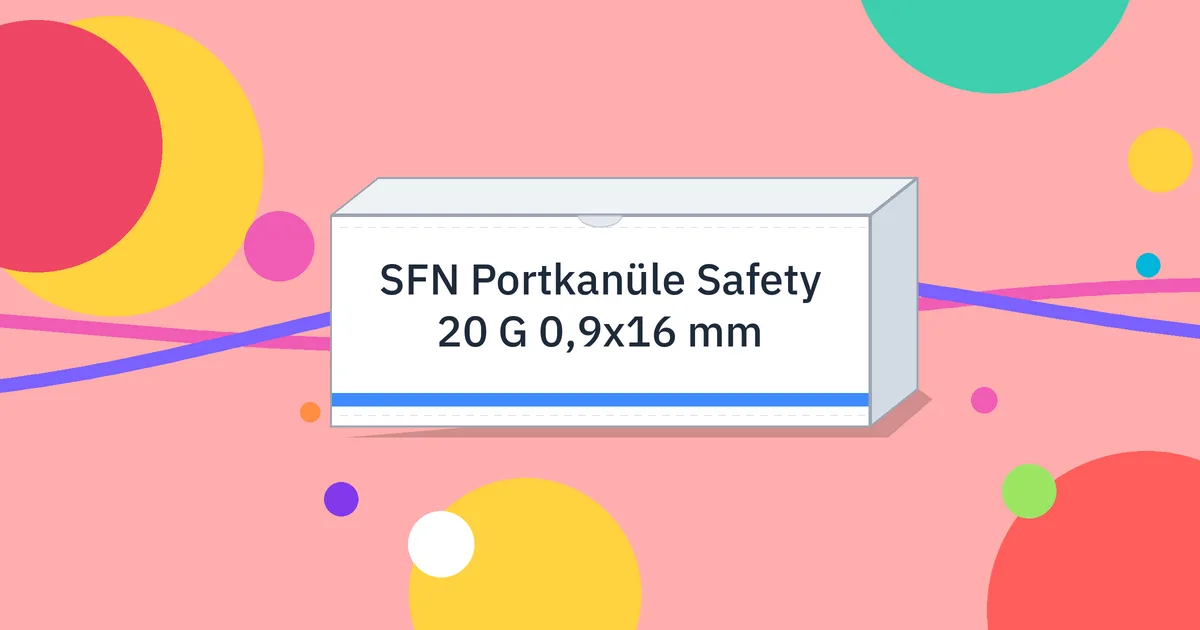 Symbolbild: Packung mit der Aufschrift SFN Portkanüle Safety 20 G 0,9x16 mm (PZN 07781590) – Verfügbarkeit und Bezug in Apotheken in Frankfurt am Main