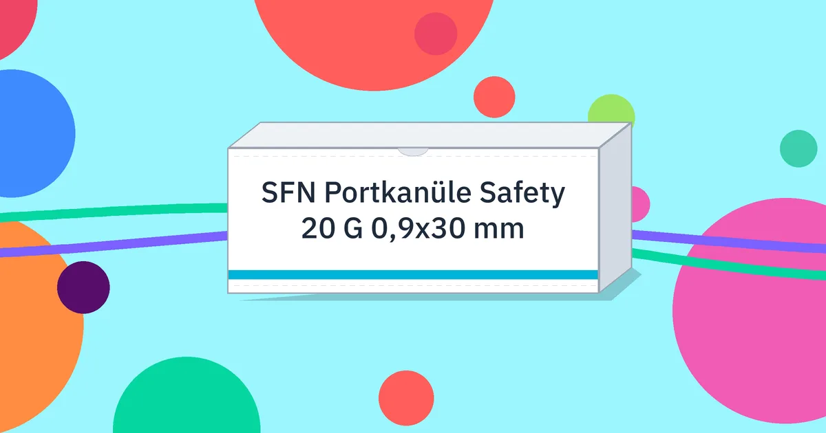 Symbolbild: Packung mit der Aufschrift SFN Portkanüle Safety 20 G 0,9x30 mm (PZN 07746300) – Verfügbarkeit und Bezug in Apotheken in Frankfurt am Main