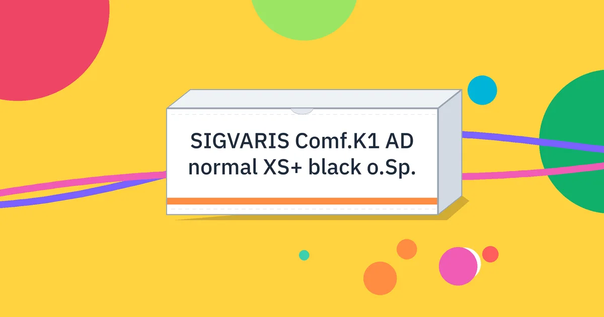 Symbolbild: Packung mit der Aufschrift SIGVARIS Comf.K1 AD normal XS+ black o.Sp. (PZN 17041411) – Verfügbarkeit und Bezug in Apotheken in Frankfurt am Main