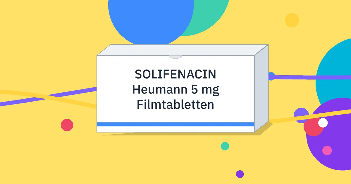 Symbolbild: Packung mit der Aufschrift SOLIFENACIN Heumann 5 mg Filmtabletten (PZN 20315390) – Verfügbarkeit und Bezug in Apotheken in Frankfurt am Main