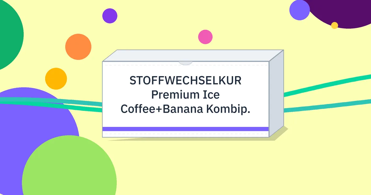 Symbolbild: Packung mit der Aufschrift STOFFWECHSELKUR Premium Ice Coffee+Banana Kombip. (PZN 14044509) – Verfügbarkeit und Bezug in Apotheken in Frankfurt am Main