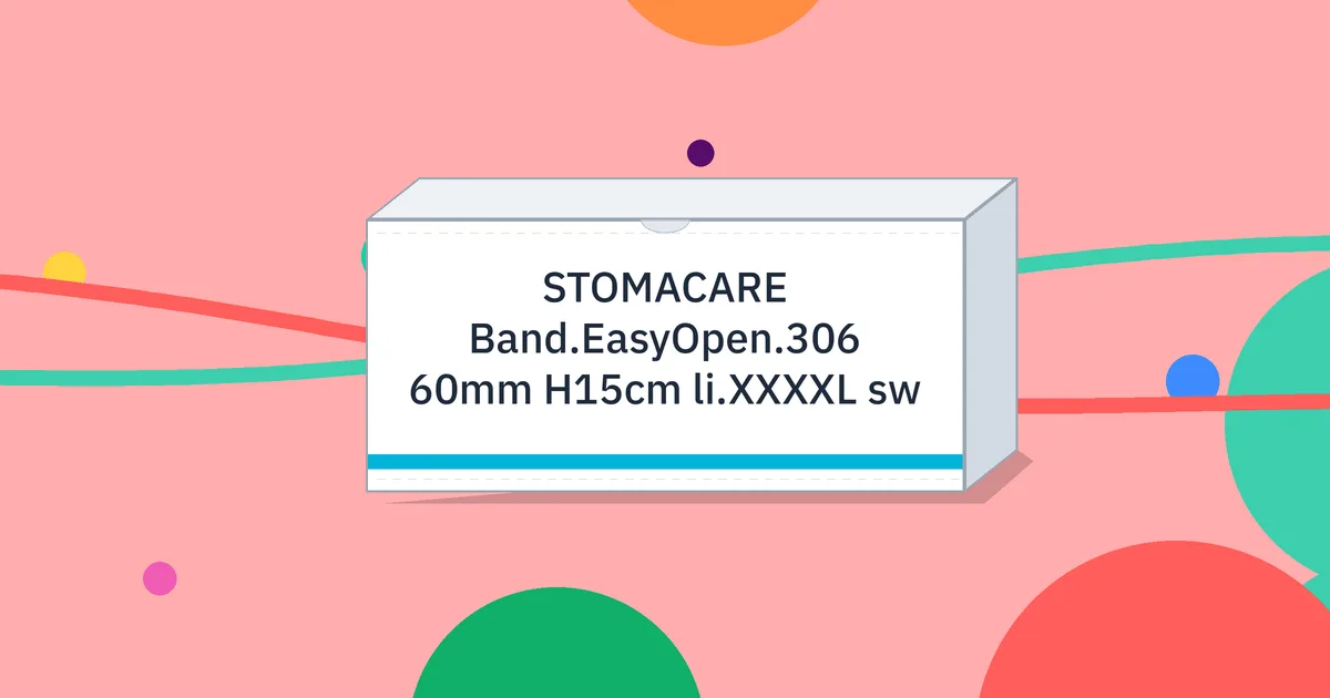 Symbolbild: Packung mit der Aufschrift STOMACARE Band.EasyOpen.306 60mm H15cm li.XXXXL sw (PZN 09437431) – Verfügbarkeit und Bezug in Apotheken in Frankfurt am Main