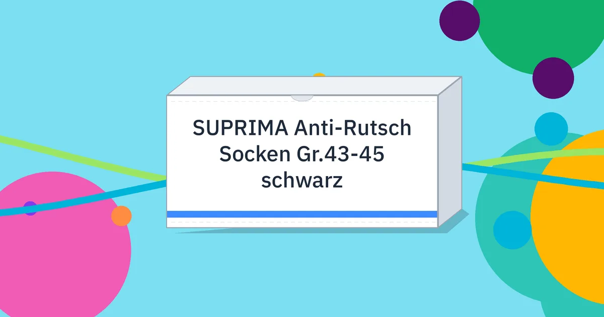 Symbolbild: Packung mit der Aufschrift SUPRIMA Anti-Rutsch Socken Gr.43-45 schwarz (PZN 06784333) – Verfügbarkeit und Bezug in Apotheken in Frankfurt am Main