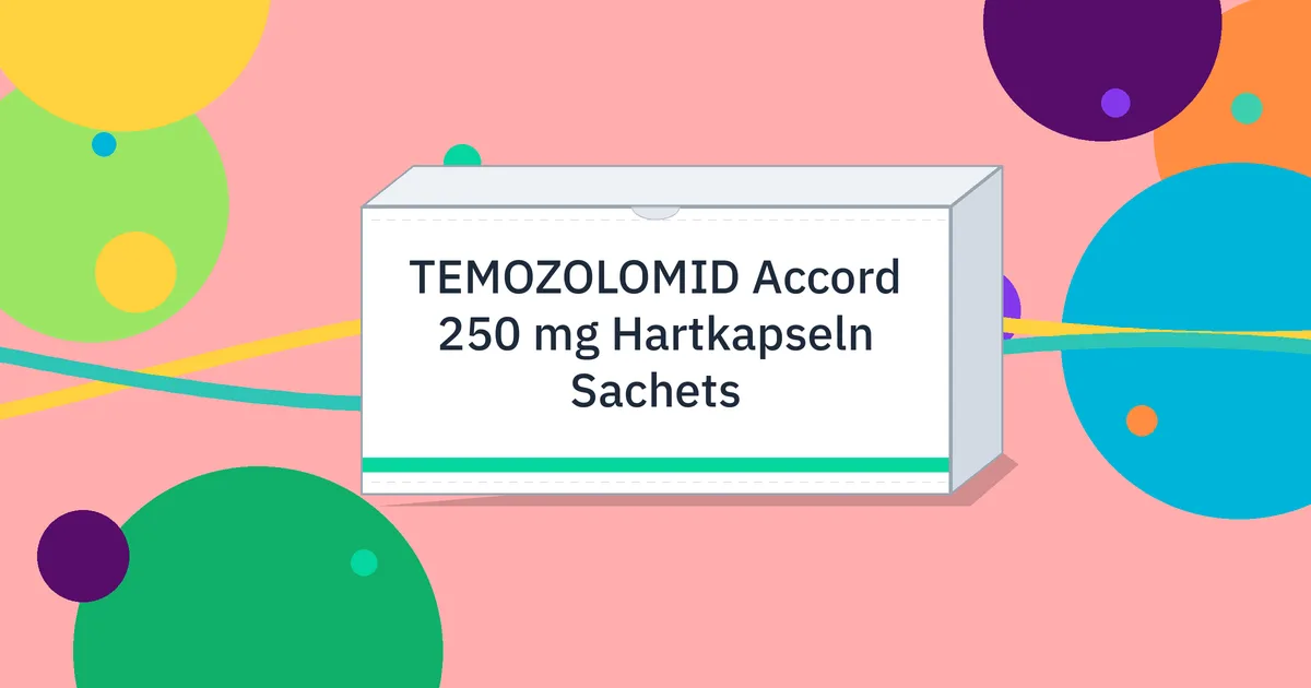 Symbolbild: Packung mit der Aufschrift TEMOZOLOMID Accord 250 mg Hartkapseln Sachets (PZN 16625558) – Verfügbarkeit und Bezug in Apotheken in Frankfurt am Main