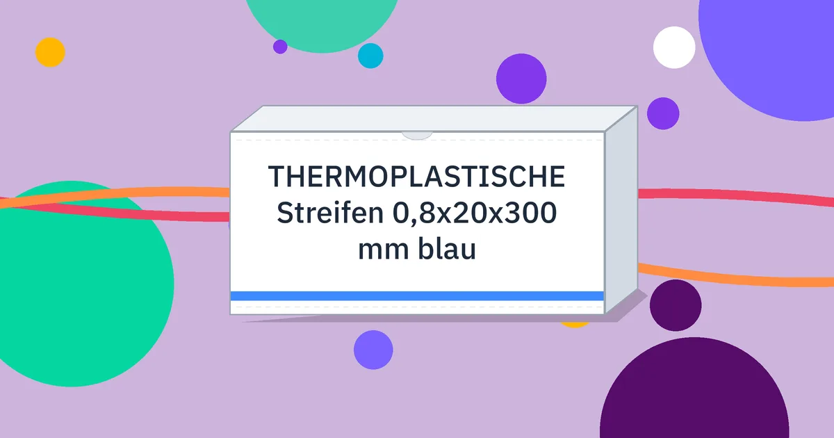 Symbolbild: Packung mit der Aufschrift THERMOPLASTISCHE Streifen 0,8x20x300 mm blau (PZN 11550146) – Verfügbarkeit und Bezug in Apotheken in Frankfurt am Main