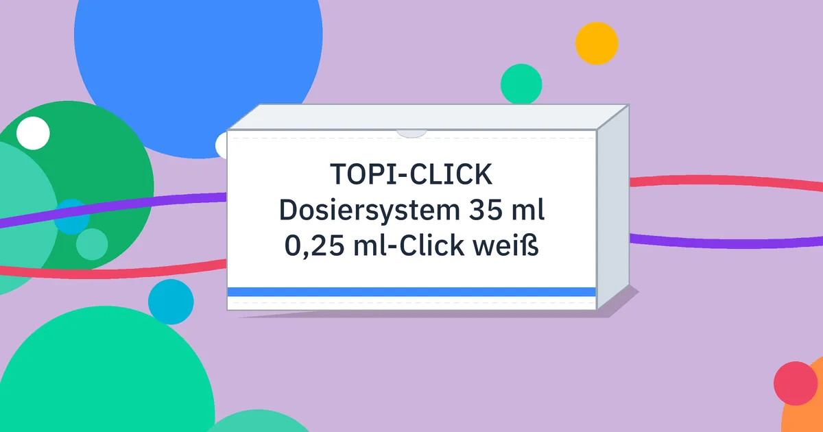 Symbolbild: Packung mit der Aufschrift TOPI-CLICK Dosiersystem 35 ml 0,25 ml-Click weiß (PZN 16226930) – Verfügbarkeit und Bezug in Apotheken in Frankfurt am Main