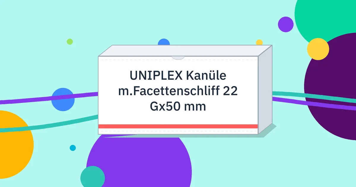 Symbolbild: Packung mit der Aufschrift UNIPLEX Kanüle m.Facettenschliff 22 Gx50 mm (PZN 03944322) – Verfügbarkeit und Bezug in Apotheken in Frankfurt am Main