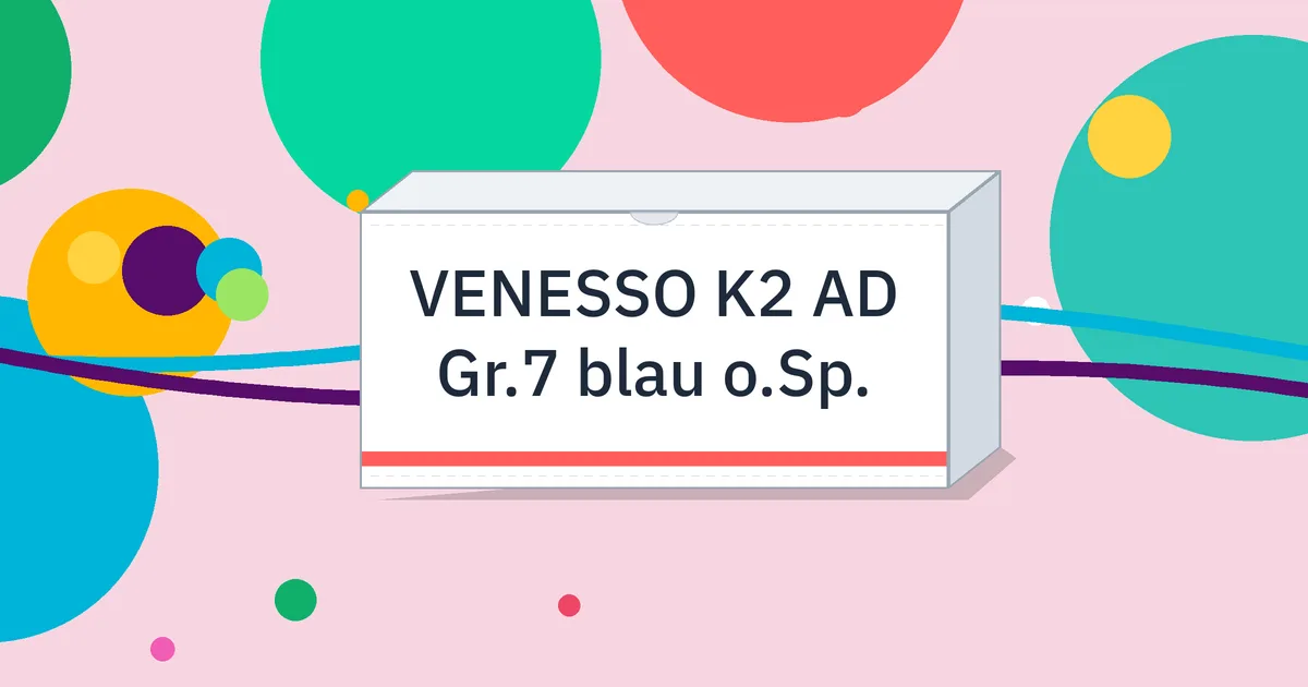 Symbolbild: Packung mit der Aufschrift VENESSO K2 AD Gr.7 blau o.Sp. (PZN 03260368) – Verfügbarkeit und Bezug in Apotheken in Frankfurt am Main