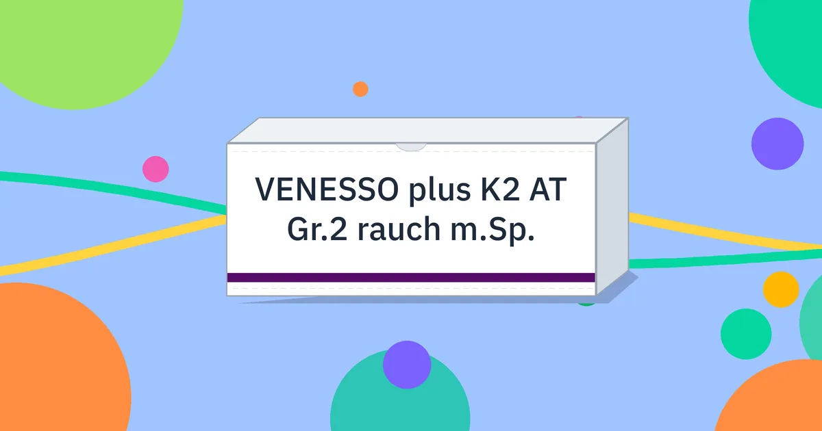 Symbolbild: Packung mit der Aufschrift VENESSO plus K2 AT Gr.2 rauch m.Sp. (PZN 03285635) – Verfügbarkeit und Bezug in Apotheken in Frankfurt am Main