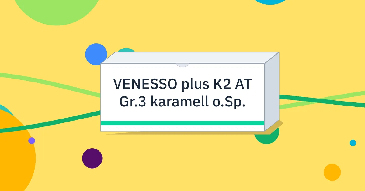 Symbolbild: Packung mit der Aufschrift VENESSO plus K2 AT Gr.3 karamell o.Sp. (PZN 13758655) – Verfügbarkeit und Bezug in Apotheken in Frankfurt am Main