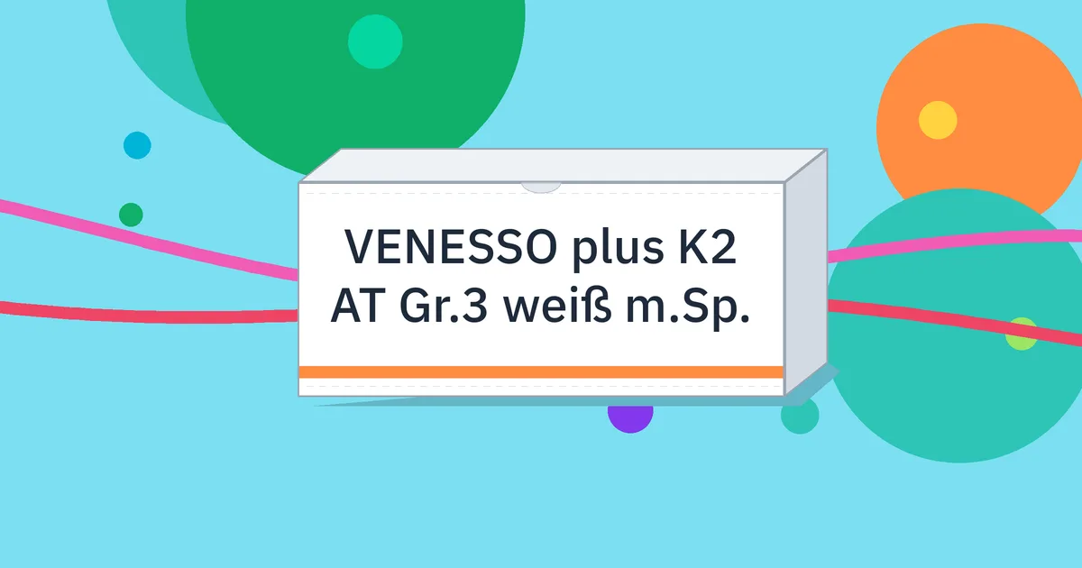 Symbolbild: Packung mit der Aufschrift VENESSO plus K2 AT Gr.3 weiß m.Sp. (PZN 03287798) – Verfügbarkeit und Bezug in Apotheken in Frankfurt am Main