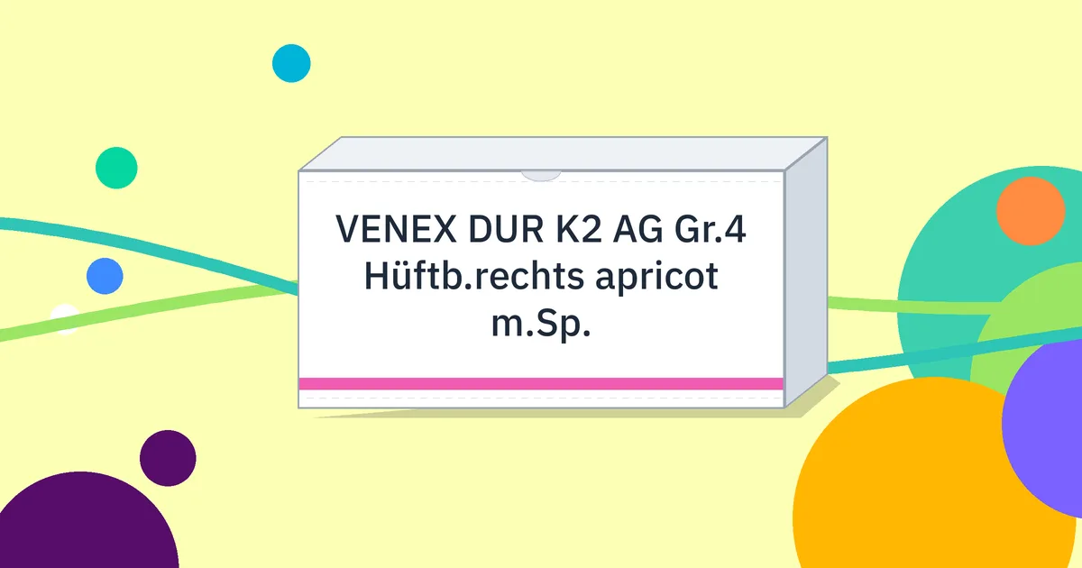 Symbolbild: Packung mit der Aufschrift VENEX DUR K2 AG Gr.4 Hüftb.rechts apricot m.Sp. (PZN 03228809) – Verfügbarkeit und Bezug in Apotheken in Frankfurt am Main
