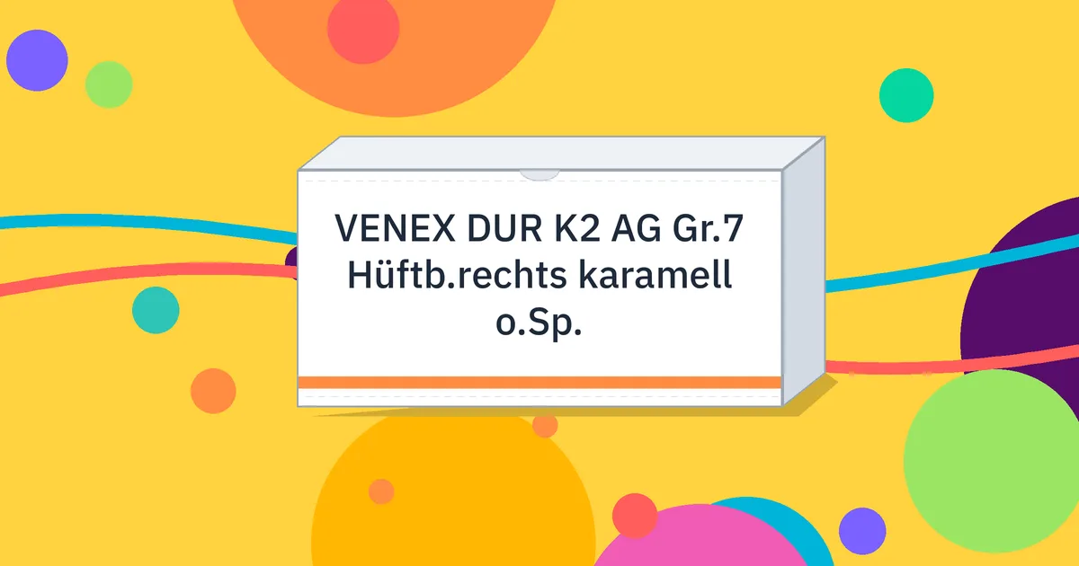 Symbolbild: Packung mit der Aufschrift VENEX DUR K2 AG Gr.7 Hüftb.rechts karamell o.Sp. (PZN 13761315) – Verfügbarkeit und Bezug in Apotheken in Frankfurt am Main
