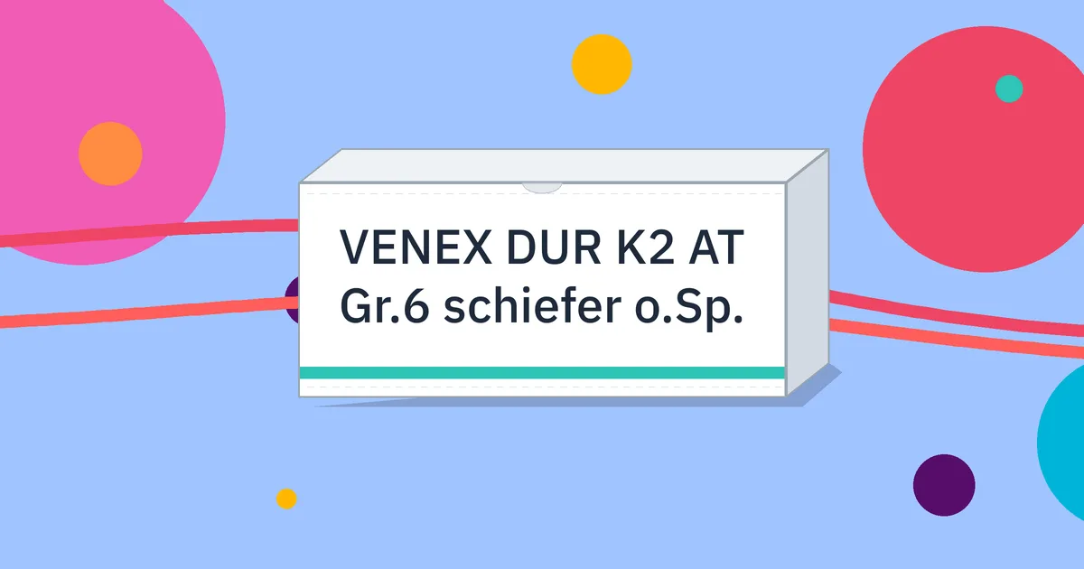 Symbolbild: Packung mit der Aufschrift VENEX DUR K2 AT Gr.6 schiefer o.Sp. (PZN 03224763) – Verfügbarkeit und Bezug in Apotheken in Frankfurt am Main