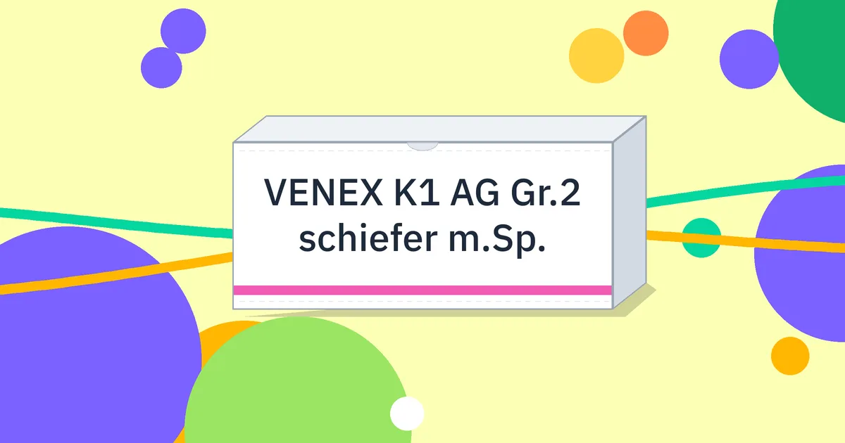Symbolbild: Packung mit der Aufschrift VENEX K1 AG Gr.2 schiefer m.Sp. (PZN 03187625) – Verfügbarkeit und Bezug in Apotheken in Frankfurt am Main