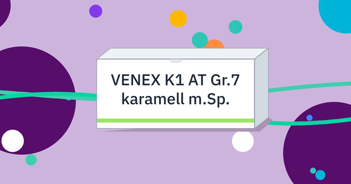 Symbolbild: Packung mit der Aufschrift VENEX K1 AT Gr.7 karamell m.Sp. (PZN 13759229) – Verfügbarkeit und Bezug in Apotheken in Frankfurt am Main