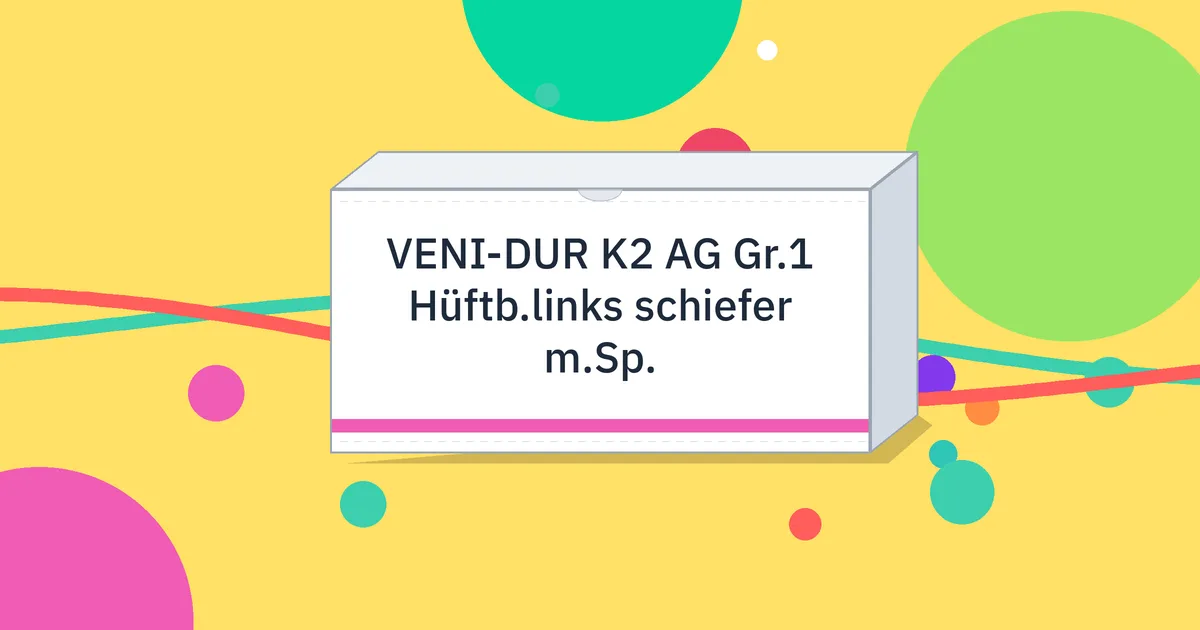 Symbolbild: Packung mit der Aufschrift VENI-DUR K2 AG Gr.1 Hüftb.links schiefer m.Sp. (PZN 03249378) – Verfügbarkeit und Bezug in Apotheken in Frankfurt am Main
